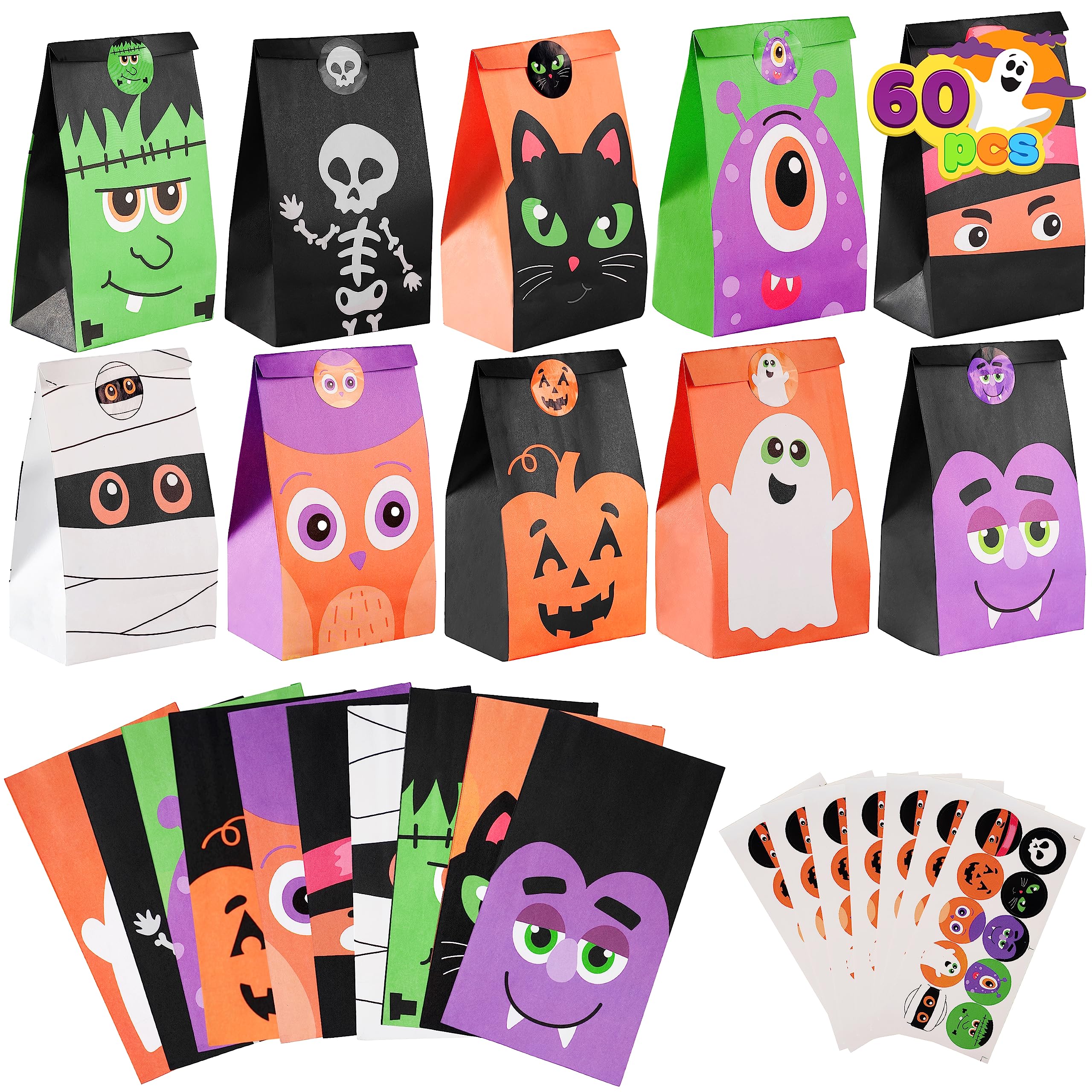 JOYIN 60 PCS Halloween Characters Paper Treat Bags, Trick or Treat Goodie Bags, Candy Bags with Stickers for Halloween Party Favor Supplies