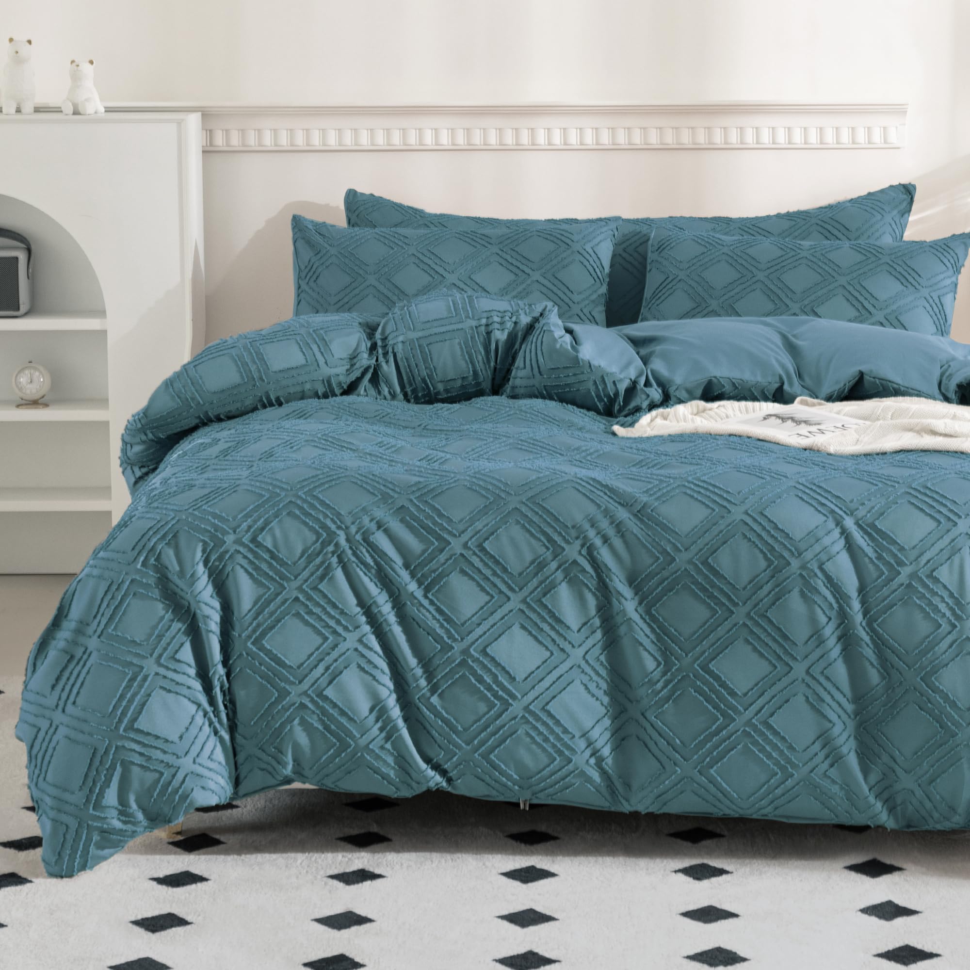 JELLYMONI Queen Size - Grayish Blue Microfiber Tufted Duvet Cover Set, Boho Textured Jacquard Rhombus Geometric Pattern Duvet Cover with Corner Ties & Zipper Closure
