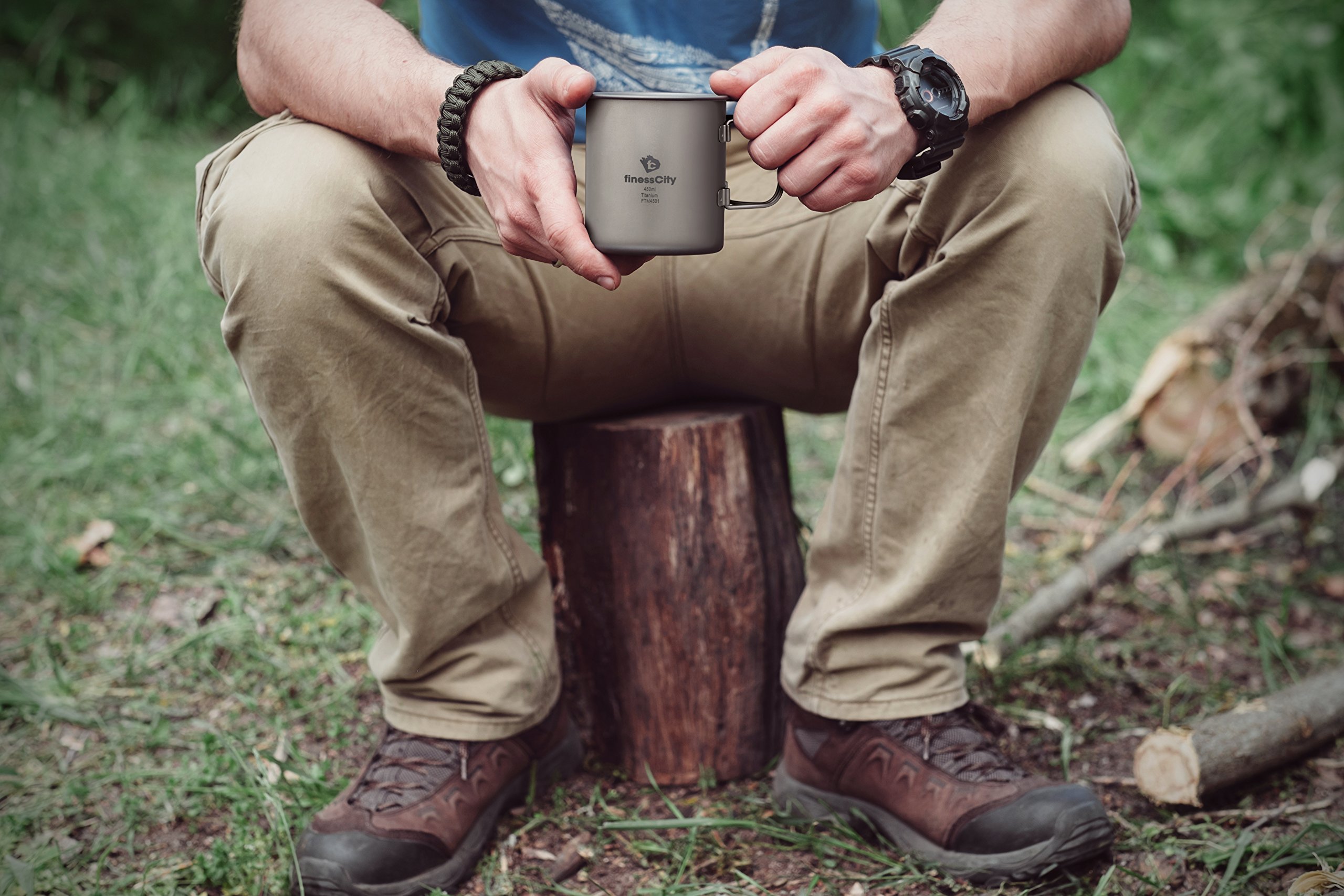 Camp Mug (450ml/ 600ml) With & Without Lid, Strong Lightweight Camping Mug/Pot with Measurement Marks, Folding Titanium Cup for Backpacking/ Hiking/ Camping in Cloth Case (Mug Without Lid, 450ml)