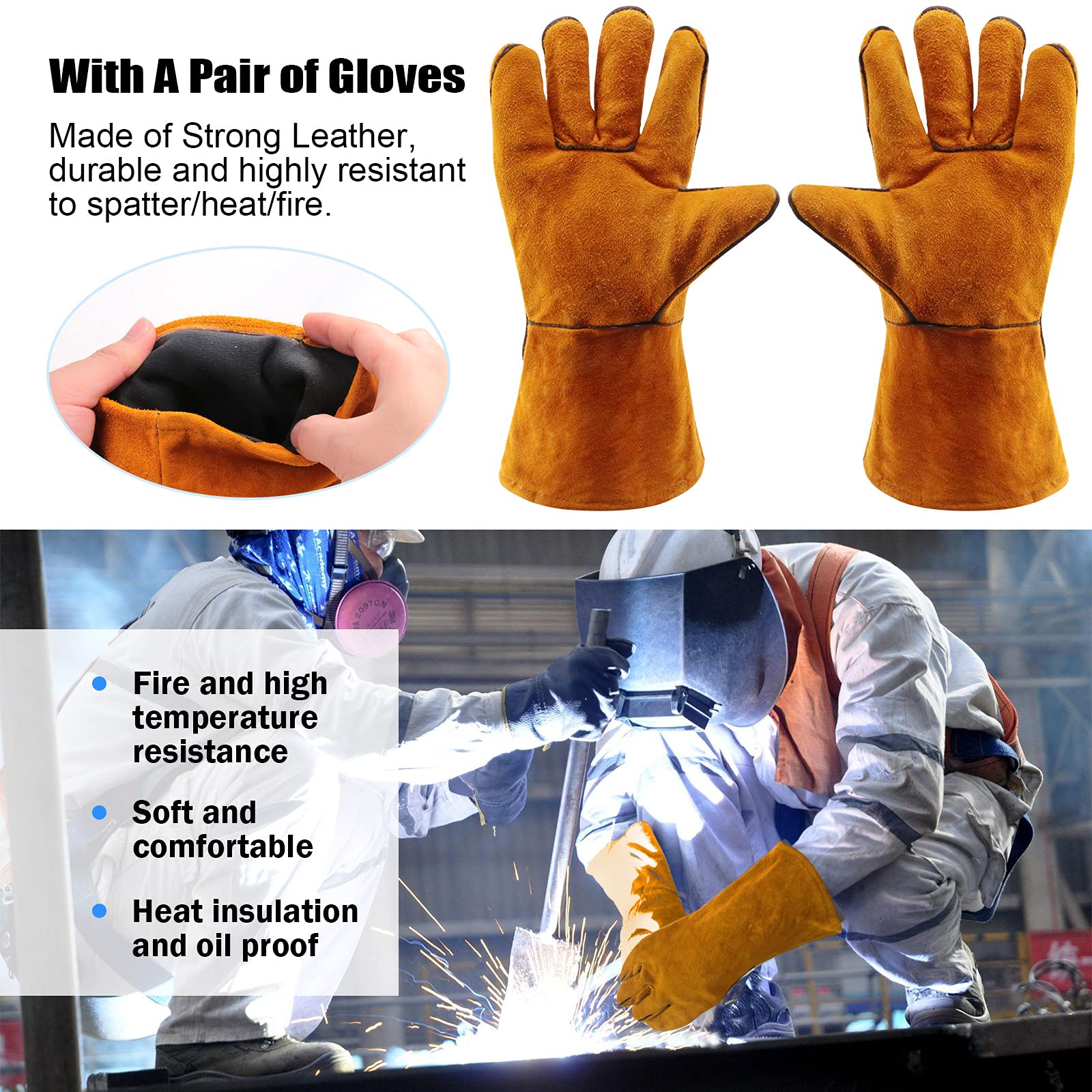 Glarks 4Pcs 10'' Welding Chipping Hammer with Coil Spring Handle and Wire Brush with a Pair Welding Gloves for Removing Slag and Welding Residue