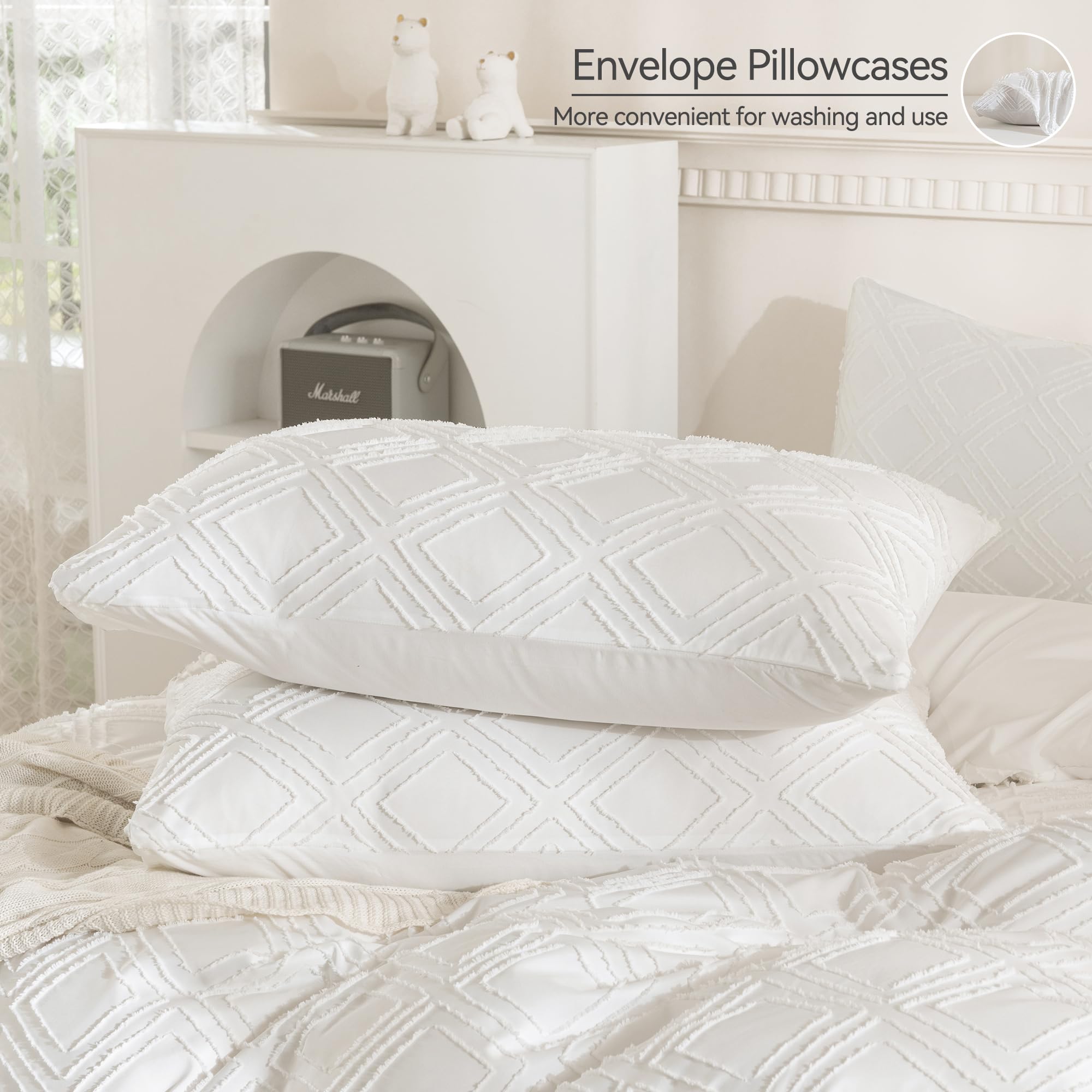 JELLYMONI Ultra-Soft Microfiber 3pc Tufted Duvet Cover Set, White Boho Textured Bedding Cover Jacquard Rhombus Geometric Pattern Reversible Comforter Cover with Zipper Closure & Corner Ties (Full)
