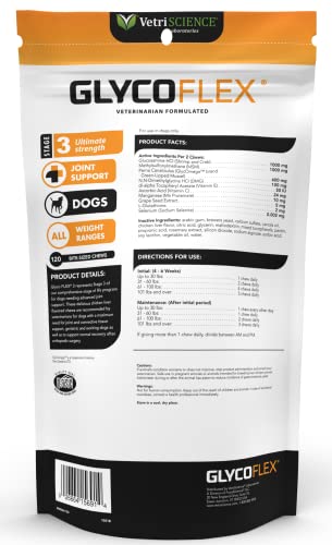 VETRISCIENCE Glycoflex 3 Clinically Proven Hip And Joint Supplement With Glucosamine For Dogs, 120 Chews - Vet Recommended Mobility Support Supplement With DMG, MSM, And Perna