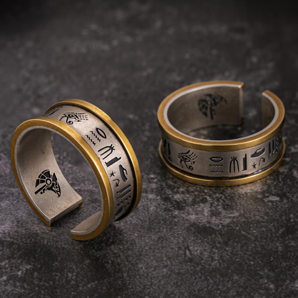 Copper and 925 Sterling Silver Eye of Horus Ring Two Tone Ancient Egyptian Hieroglyphics Band Ring Punk Jewelry for Men Women Open and Adjustable 8mm Size M