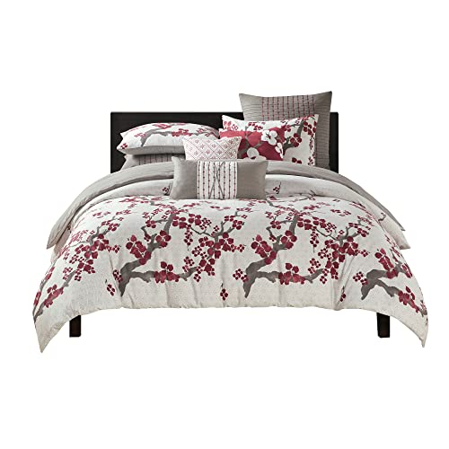 N Natori Cherry Blossom Duvet Cover Queen Size - Red, Grey , Cherry Blossom Duvet Cover Set β 3 Piece β 100% Cotton Sateen Light Weight Bed Comforter Covers