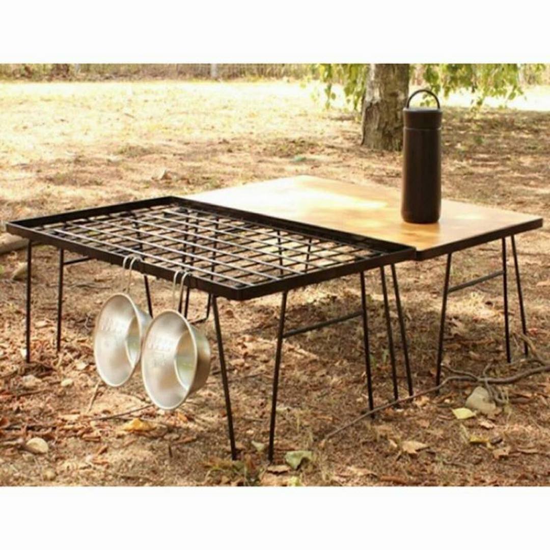Camping BBQ Grill 2Pcs Outdoor Folding Multipurpose Storage Rack with 1pc removable Bamboo Board, Steel Plating Black T-230-2TP