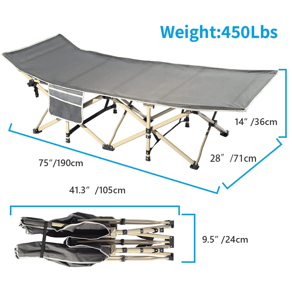 Camping Cot Max Load 450 LBS 1 Side Large Pockets Extra Wide Sturdy Portable Foldable Outdoor Bed for Adults Kids for Camping Beach BBQ Hiking Backpacking Office (Grey)