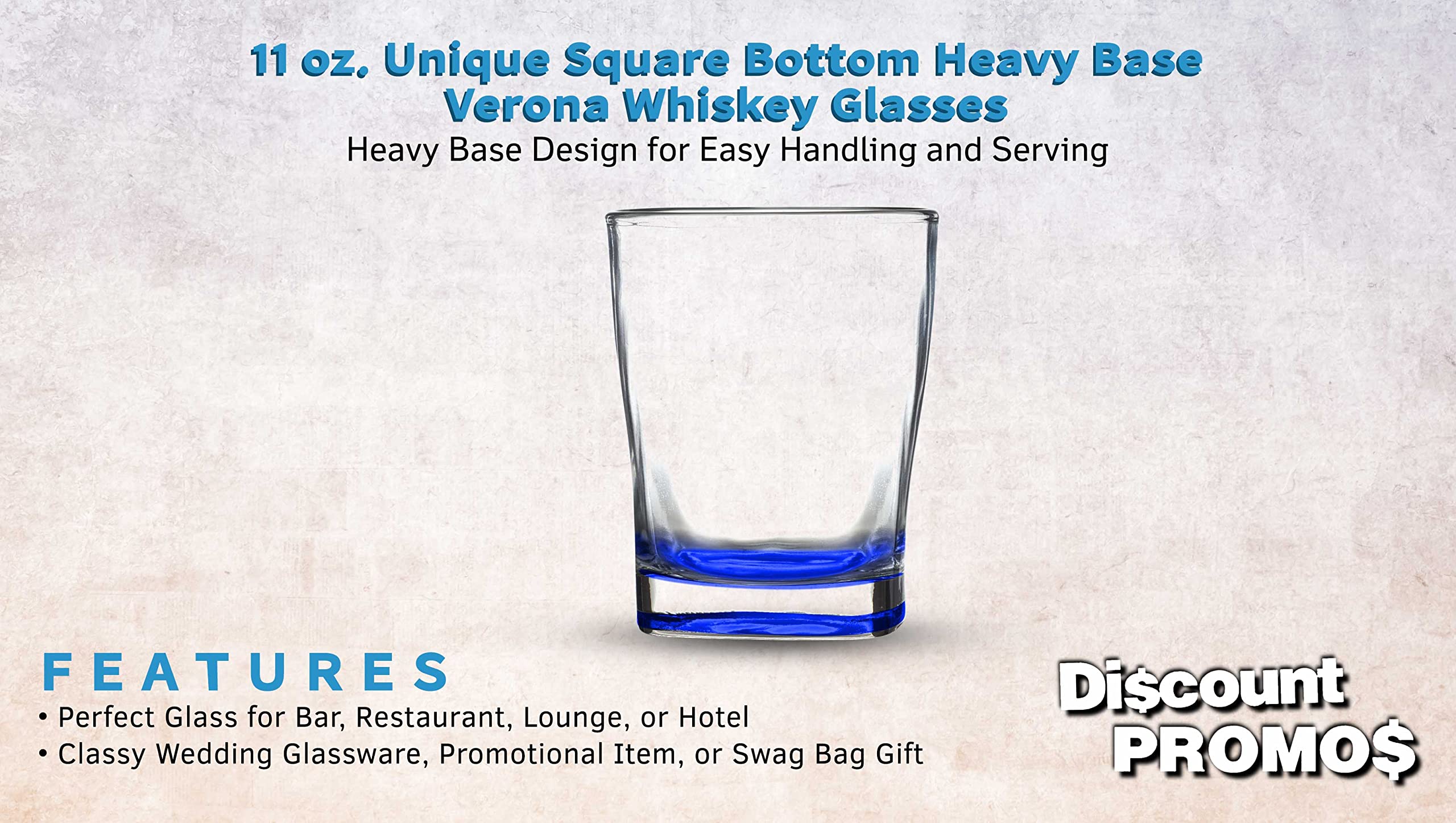 DISCOUNT PROMOS 10 Verona Whiskey Glasses Set, 11 oz. - Durable, Thick Base, Color Bottom, Barware - Blue