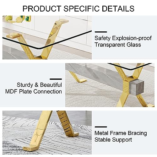 Glass Dining Table for 4, 79" Modern Kitchen Dining Room Table with Rectangular Tempered Glass Tabletop and Gold Plated Metal Legs for Dining Room (Gold)