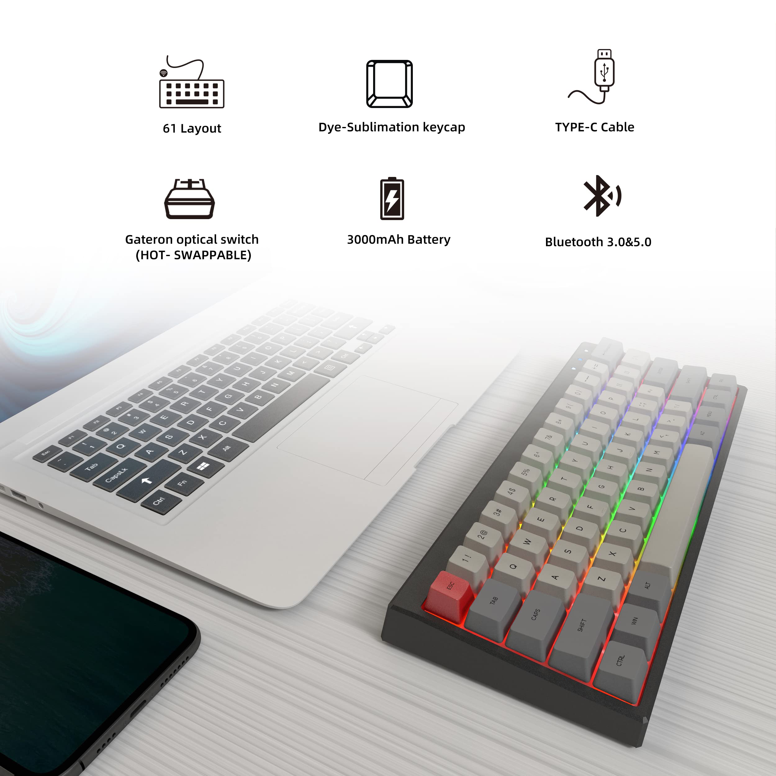 Ractous RTK61BP 60% Wireless Mechanical Gaming Keyboard,RGB Blacklit PBT Sublimation Keycaps 61keys Bluetooth5.1/Wried Gaming Keyboard for PC/Mac Gamers,Hot-Swap Gateron Optical Bule Switch-Black