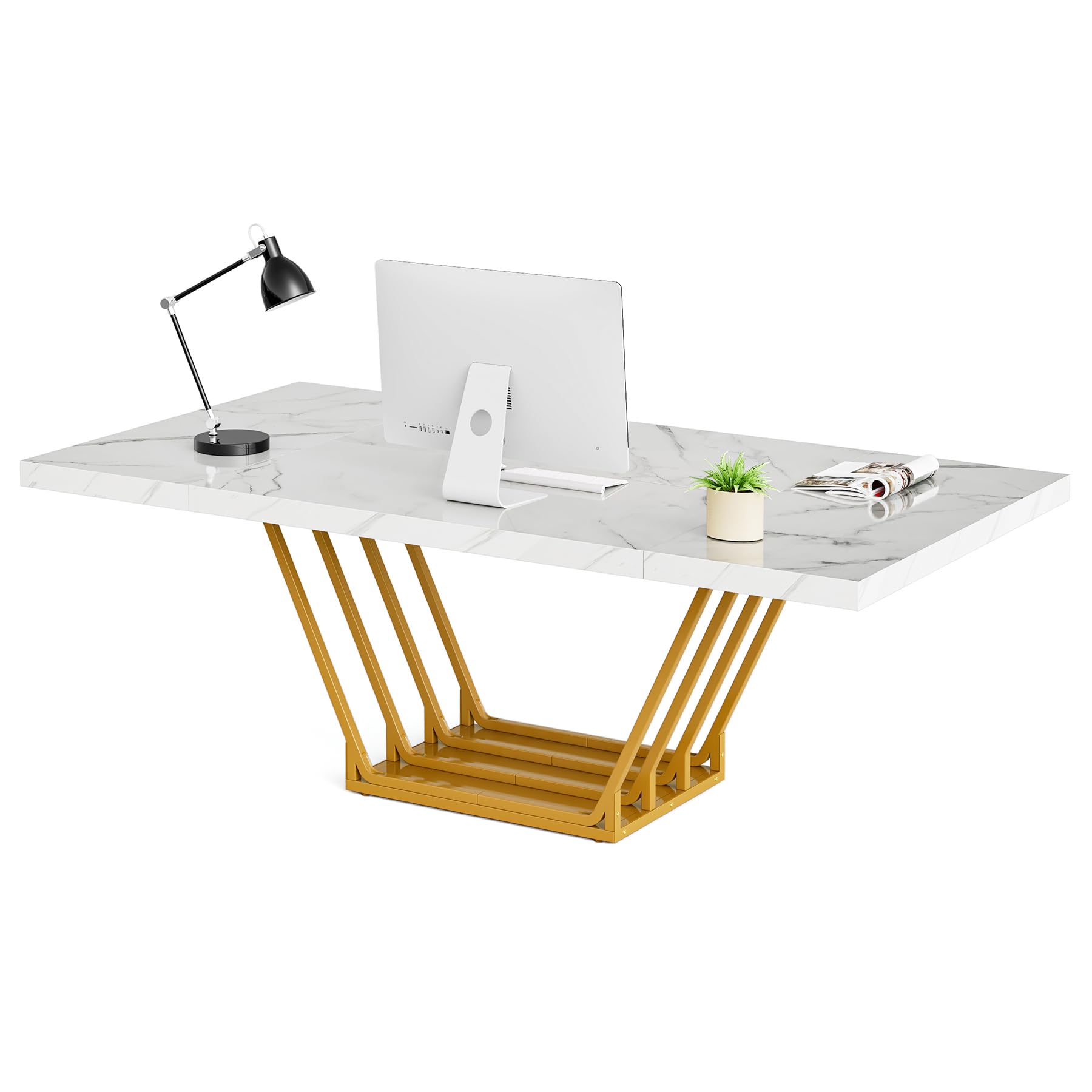 Tribesigns 63-Inch Modern Computer Desk, White Executive Desk with Gold Metal Frame, Large Office Desk Workstation Business Furniture for Home Office, Easy Assembly, Only Desk