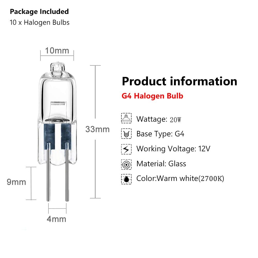 CMYBEN G4 Halogen Light Bulbs, 20W 12V 2700K G4 Dimmable Halogen 2 Pin Base Lamp Warm White Clear Capsule Lamp Pack of 10