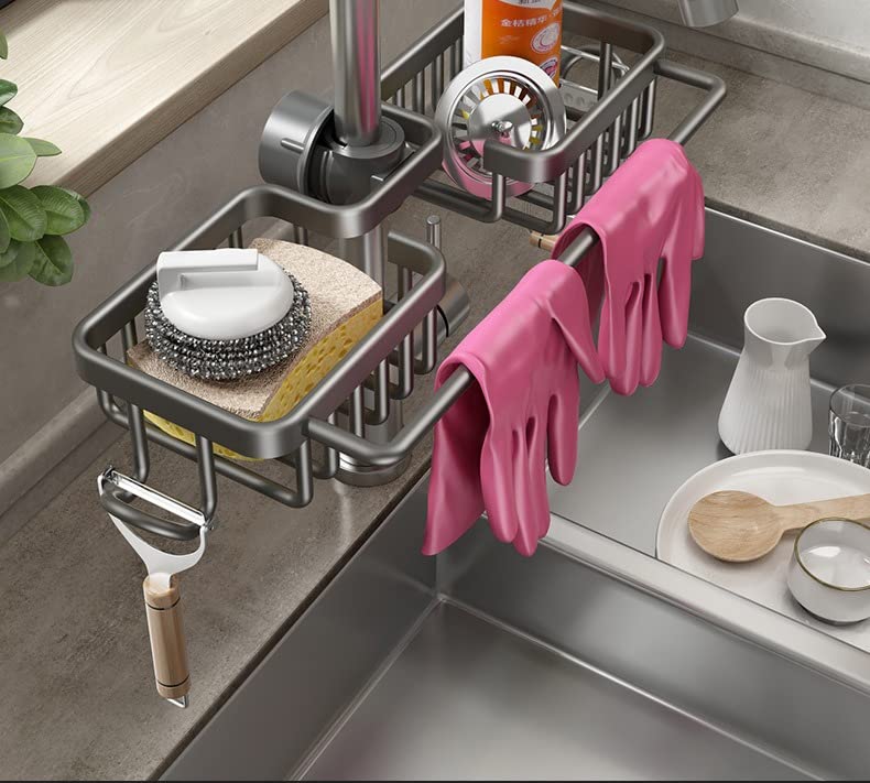 LuLusmoda Kitchen Sink Rack Faucet Sponge Holder Over The Sink Organizer Faucet Rack with Hook,A Free Dish Cloth Note:Round Pipe with Diameter 0.7-1.1 Inchs Can Be Used(Aluminum,Double,Elegant Gray