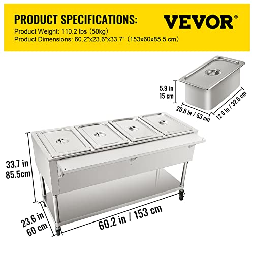VEVOR Commercial Electric Food Warmer, 4-Pot Steam Table Food Warmer 0-100℃ w/ 2 Lockable Wheels, Professional Stainless Steel Material for Catering and Restaurants