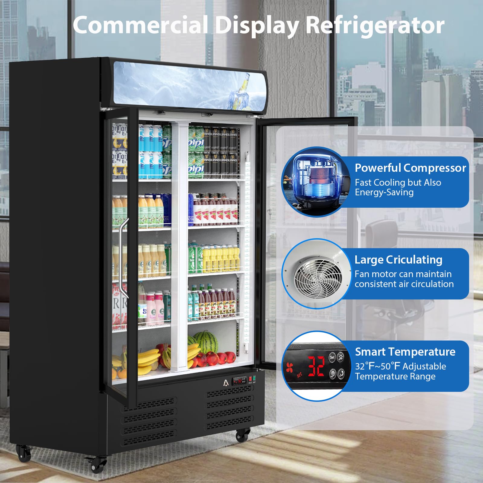 GarveeTech Commercial Refrigerator, Glass Door with LED Lighting - Upright Beverage Display Cooler for Home, Store, Gym, or Office, Featuring Double Swing Doors and 36.3 cu.ft