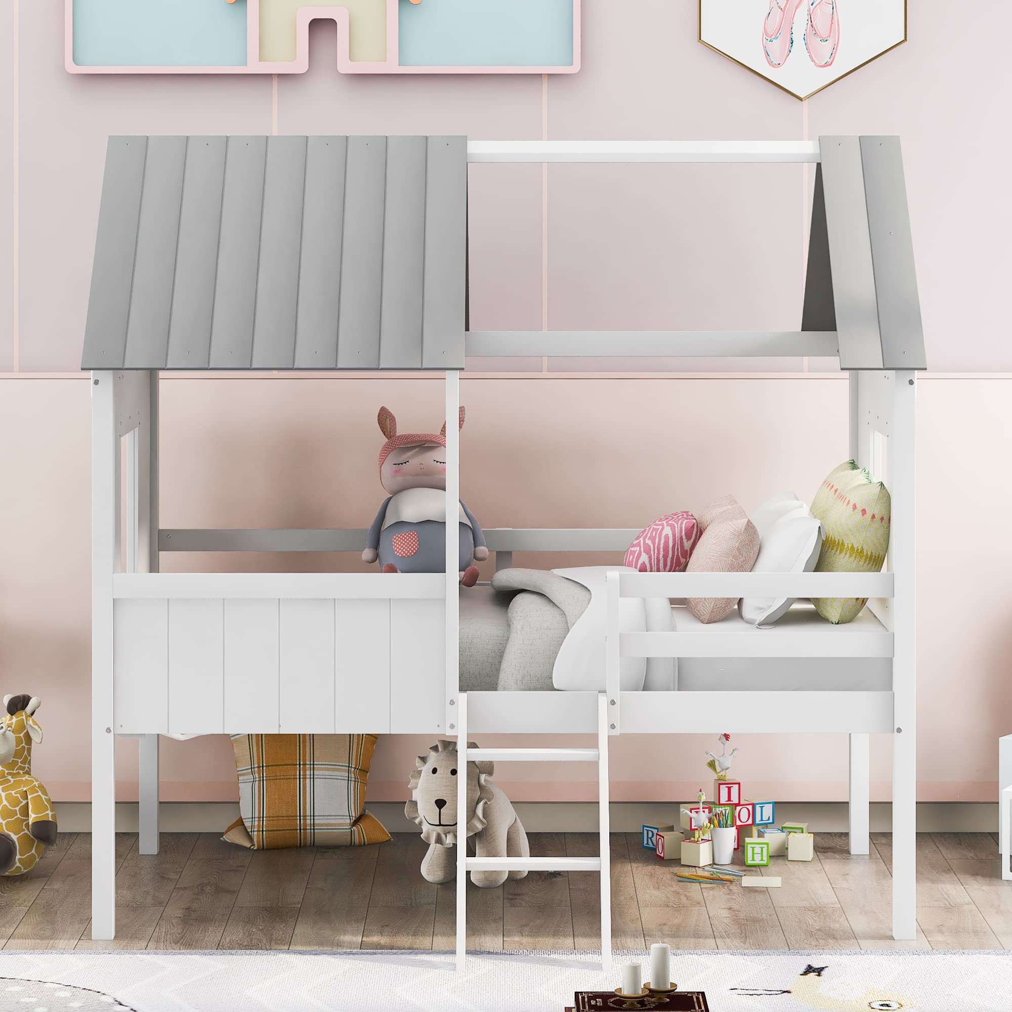 Harper & Bright Designs House Twin Bed for Kids, Low Loft Bed Frame Twin Size, Wood Kids Twin House Bed with Two Side Windows and Roof for Kids,Teens, Girls & Boys, No Box Spring Needed (White+Gray)