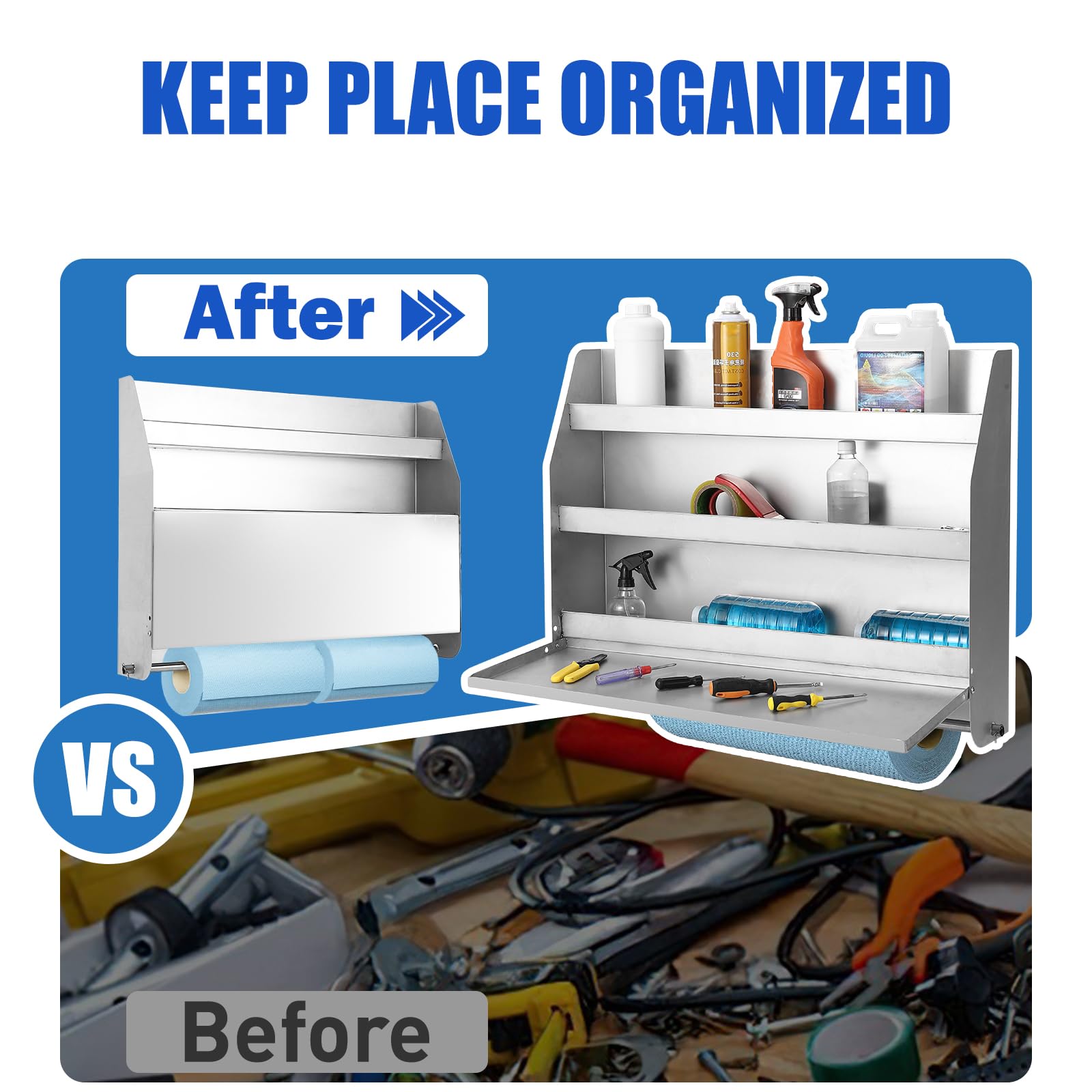 GarveeTech Work Station Storage Cabinet, 2 Shelf Rack Holder Caddy Tool Tray, Garage Enclosed, Automotive Mechanics Shop Storage Organizer 320 A Aluminum (Silver)