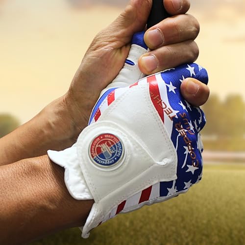 Copper Tech Plus Men's Golf Gloves Right Hand - USA Flag Golf Glove with Ball Marker - Perfect for Summer Golfing - 100% AAA Tacky Synthetic Leather Only (Hand Orientation: Right, X-Large)