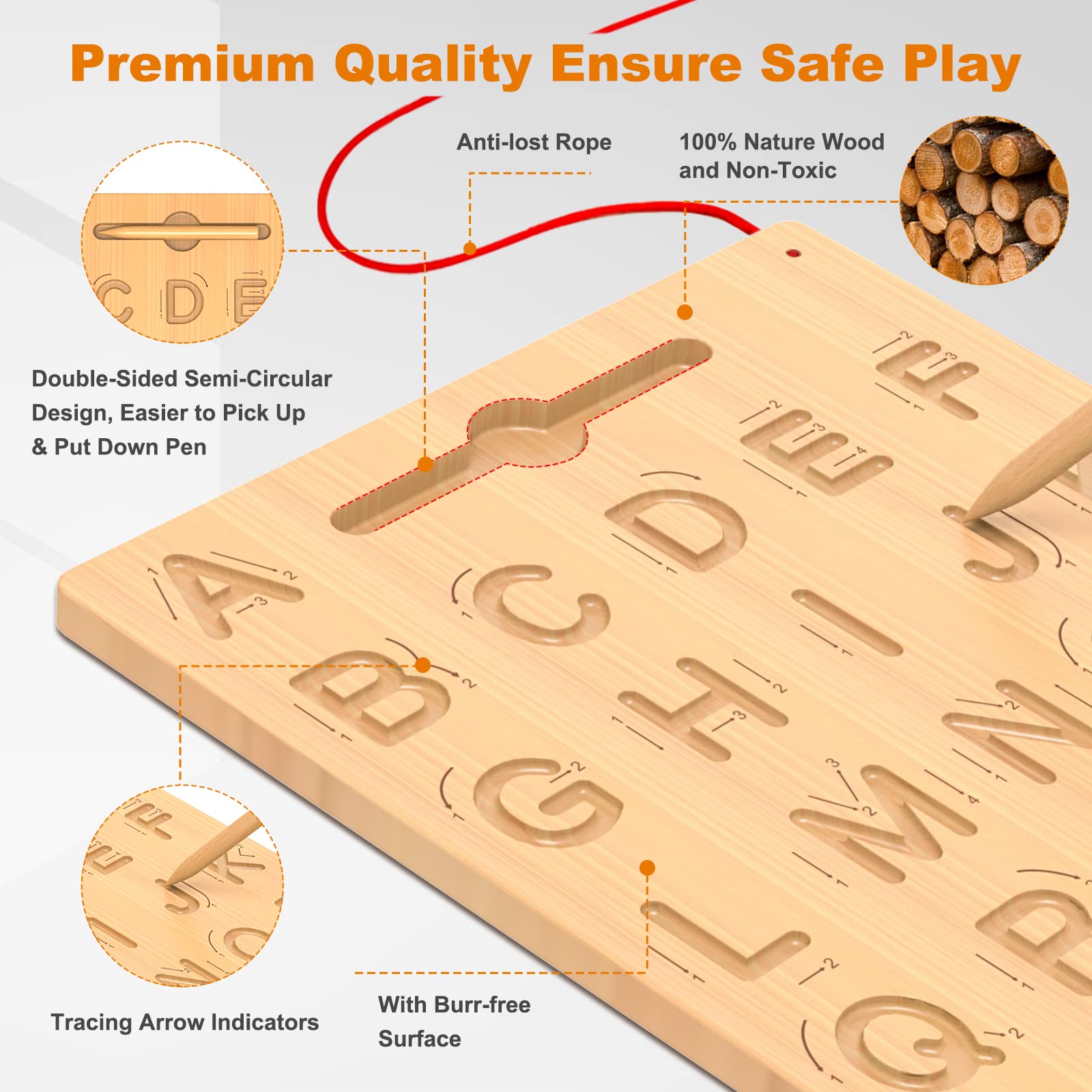 Drek Crek Wooden Letters Practicing Board, Wooden Alphabet Tracing Board Double-Sided Toddlers and Preschool Learning Toys Learning to Write ABC for Kids Ages 3-5