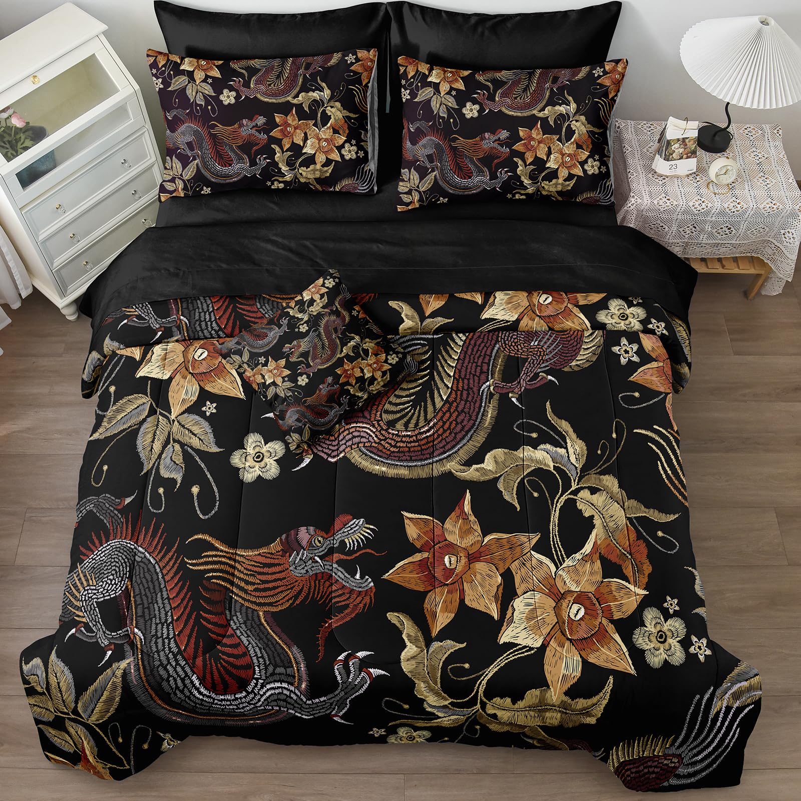 Dreamwaka Black Queen Bed in a Bag Abstract Dragon Bedding Set Yellow Vintage Floral Home Decor Comforter Set Boho Hippie Down Comforter Set with Black Sheet Set 8 Pcs Soft Microfiber for Kids Adults