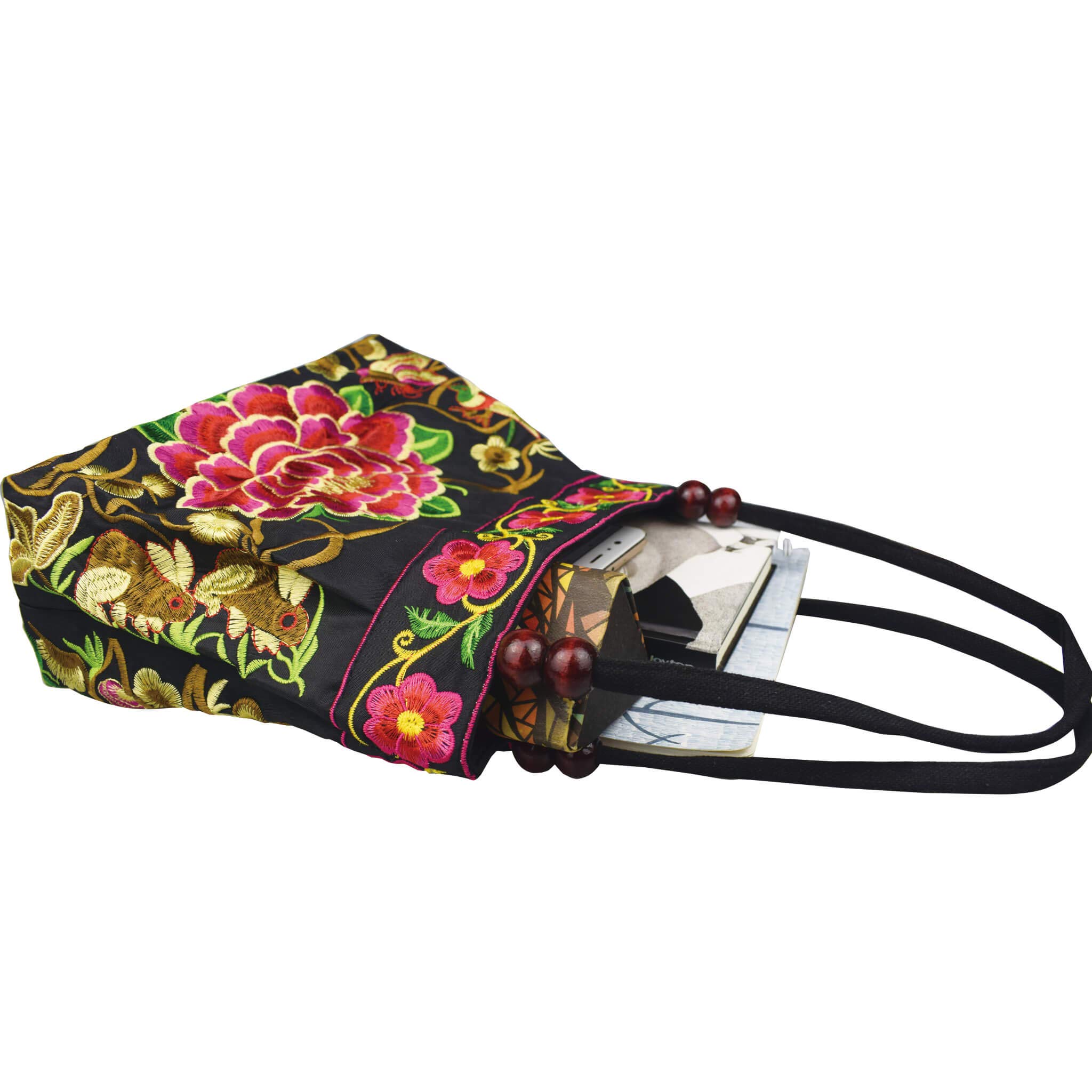 Women's Unique Vintage Hobo Tote Bags Red Peony Floral Embroidered Shoulder Handbags Bags for Lady