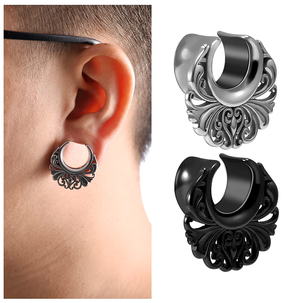COOEAR 1 Pair Silver and Black Notched Flower Vine Ear Expander Gauges Flesh Earrings Plugs And Tunnels.