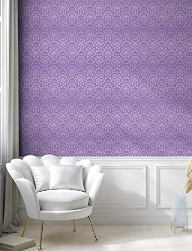 Lunarable Vintage Peel & Stick Wallpaper for Home, Western Medieval Motifs with Leafs and Curlicues Floral Damask Pattern, Self-Adhesive Living Room Kitchen Accent, 13" x 100", Lavender and Purple