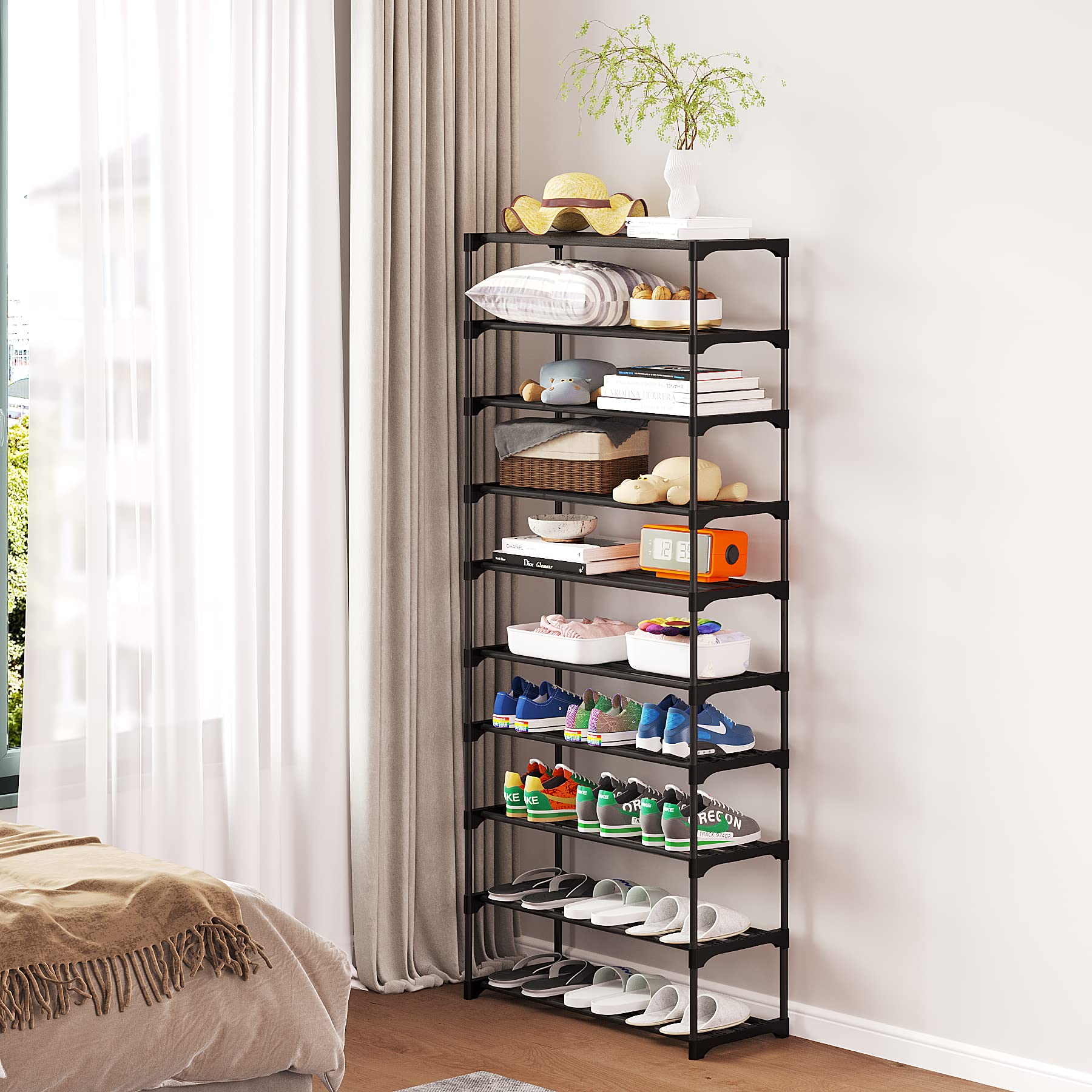 Calmootey 10-Tier Shoe Rack,Shoe Shelf Storage Organizer,Entryway,Bedroom,Black