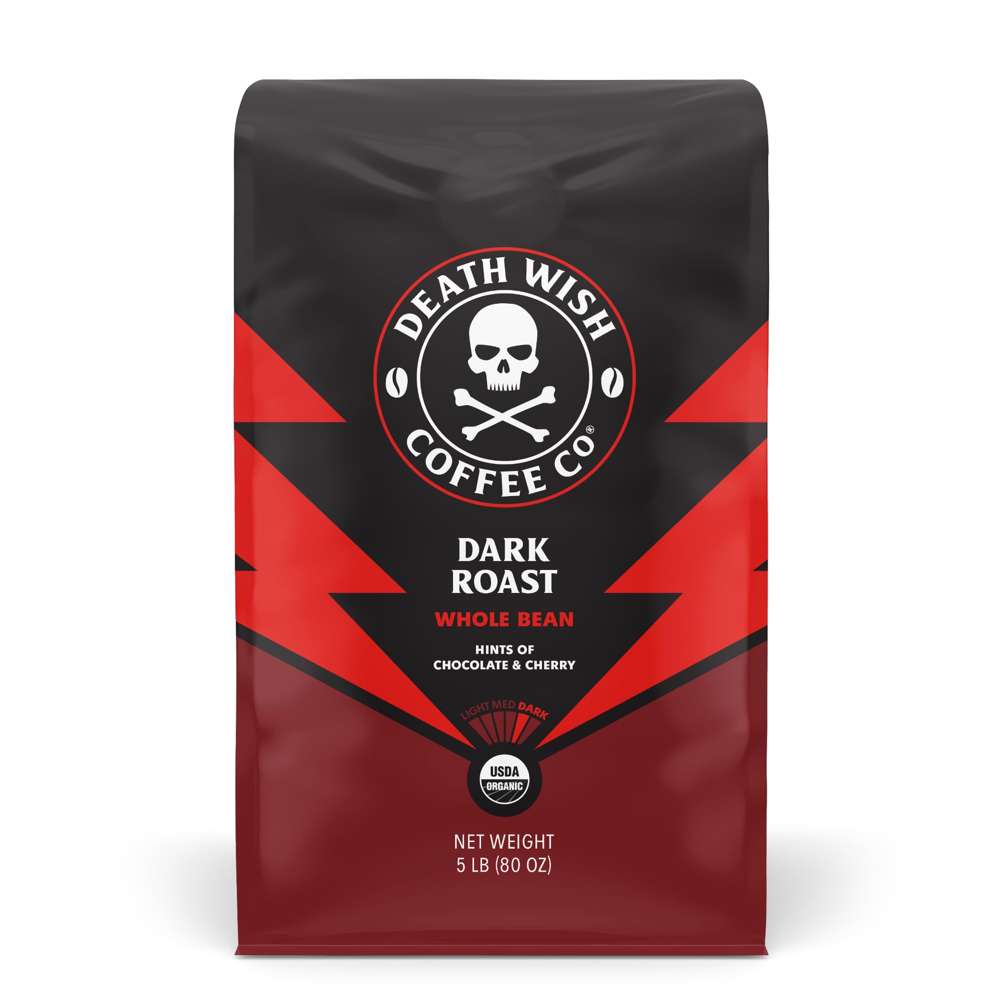 Death Wish Coffee Co. Dark Roast Whole Bean- 5 Lbs. Bold Intense Blend of Arabica & Robusta Beans - USDA Organic Whole Bean Coffee