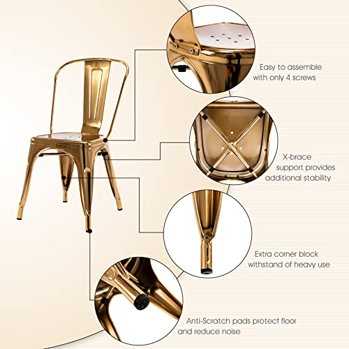MFD LIVING 18 Inch Metal Dining Chair, Indoor Outdoor Patio Chair with Rustless, Stackable Chair for Restaurant Dining Room Chair Set of 4 (Gold)