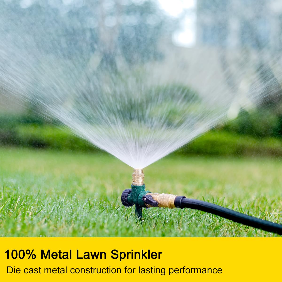 FANHAO 2 Pack Metal Lawn Sprinkler for Yard, Automatic Garden Water Sprinkler on Spike Base, Adjustable Brass Sprinkler Nozzle 360 Degree Large Area Coverage for Lawn Grass Patio Garden Irrigation
