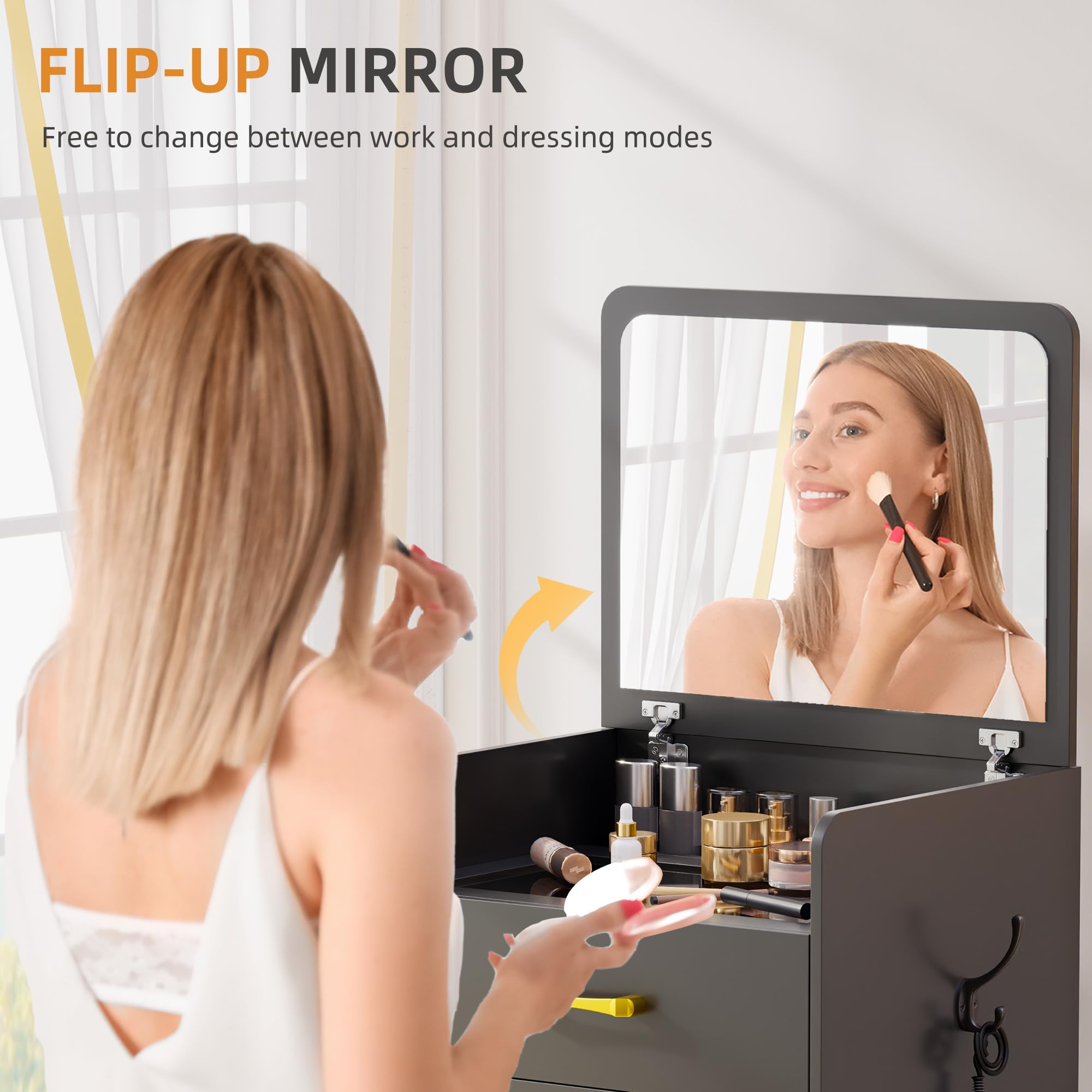 Gurexl 3 in 1 Vanity Desk with Plip Top Mirror,Compact Makeup Vanity with 3 Drawers,Cushioned Tool,Dressing Table for Bedroom,Small Make Up Vanity Set with Visible Glass Desktop,Black