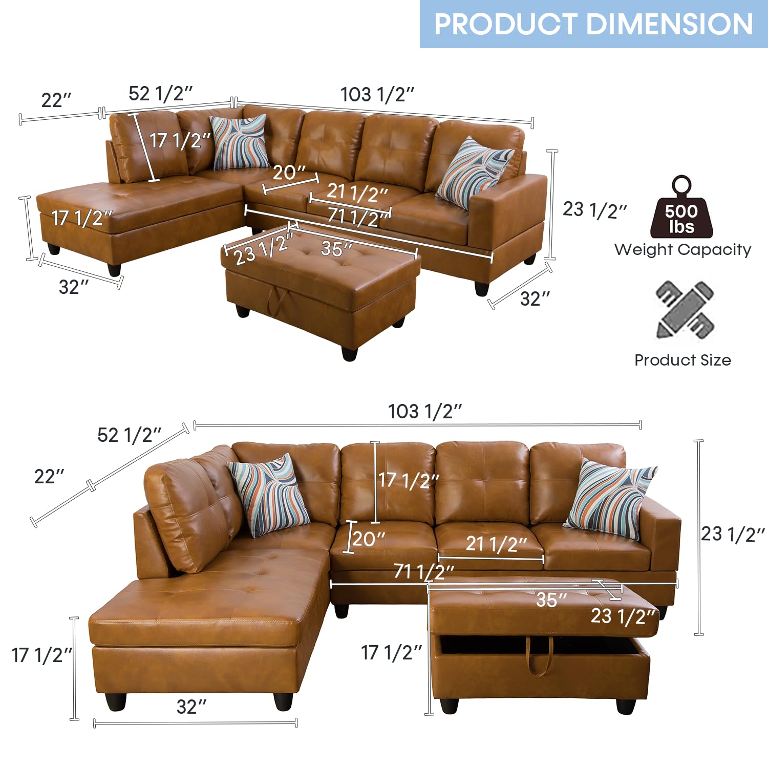 Caberryne Sectional Couch for Living Room Furniture Set Ginger,Sectional Sofa L Shape Sofa and Chaise with Storage Ottoman for Living Room/Apartment/Office(Facing Left Chaise) Turmeric