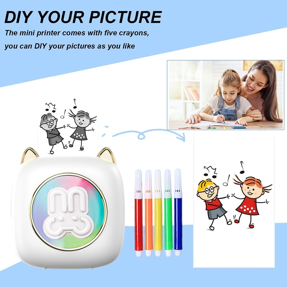 HASDSAGY Mini Portable Printer, Bluetooth Smart Pocket Inkless Sticker Printer with 10 Roll Papers, Wireless Thermal Printer Compatible iOS & Android for Study, Journal, Memo, Travel (Bunny)