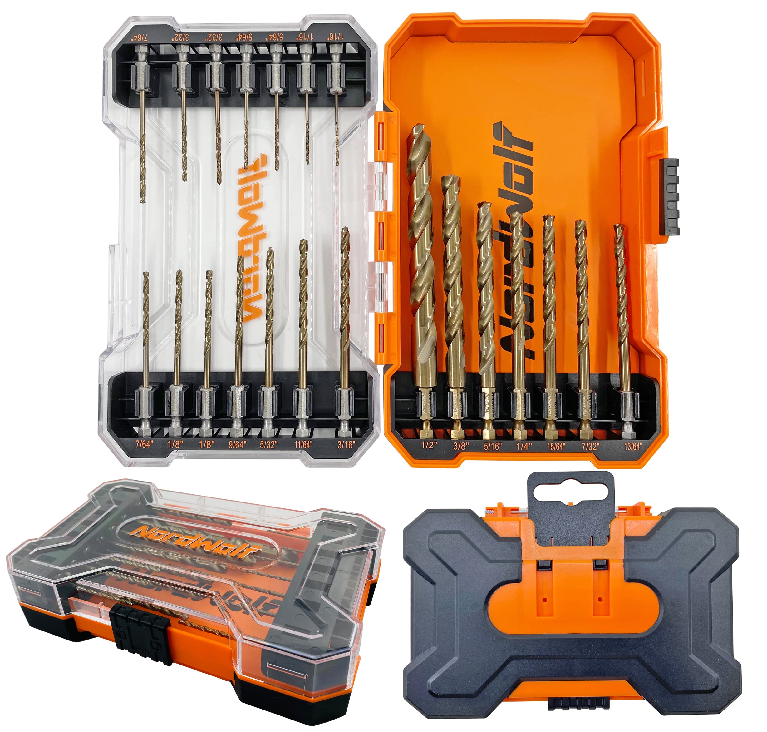 NordWolf 7-Piece M35 Cobalt Drill Bit Set for Stainless Steel, Hard Metals & Cast Iron, Jobber Length with 1/4" Hex Shank, SAE Sizes 1/8"(x3)-3/16"(x2)-1/4"(x2)