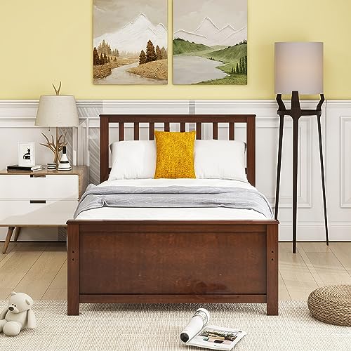 Merax Twin Size Platform Bed, Wood Twin Bed Frame with Headboard, Footboard and Wood Slat Support, No Box Spring Needed, Walnut
