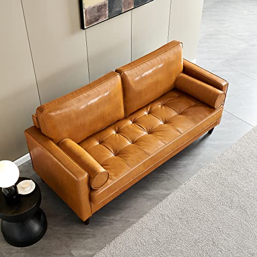 Harper & Bright Designs PU Leather Living Room Sofa, Mid-Century Upholstered 3-Seat Sofa Couch with 2 Pillows,Hidden Storage Space and Button Tufted Seat for Home or Office (3 Seat, Brown)