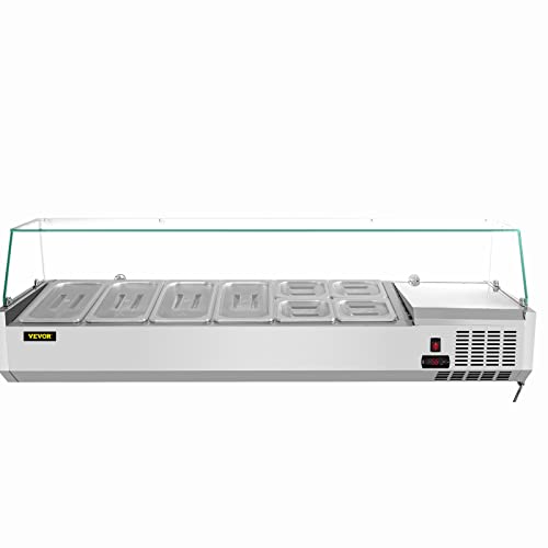 VEVOR Refrigerated Condiment Prep Station, 60-Inch, 16.8Qt Sandwich Prep Table w/ 4 1/3 Pans & 4 1/6 Pans, 146W Salad Bar w/ 304 Stainless Body Tempered Glass Shield Digital Temp Display Auto Defrost