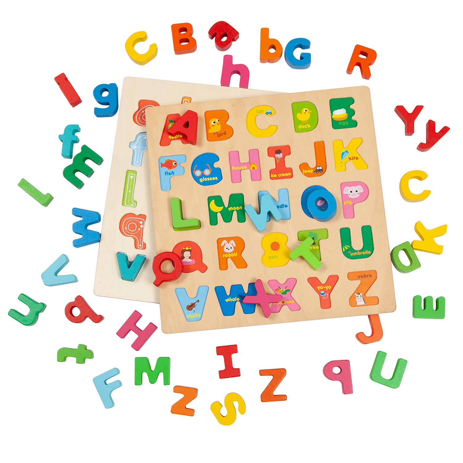 Wondertoys Wooden Alphabet Puzzle for Toddlers Chunky Lowercase & Uppercase Letters ABC Puzzles Board for Preschools Boys and Girls