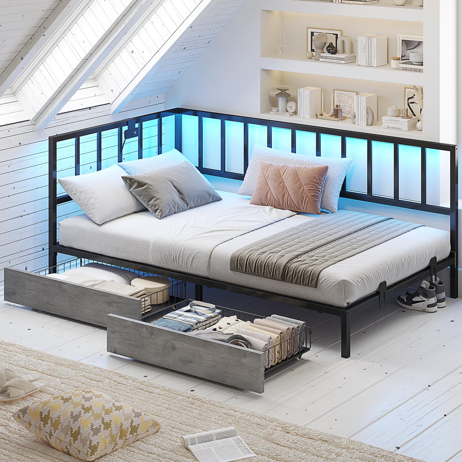 Hasuit Corner Bed Frame Twin Size with LED Light and Charging Station, Modern Twin Bed with 2 Underbed Storage Drawers, Modern Daybed No Box Spring Needed/Noise-Free, Black&Gray