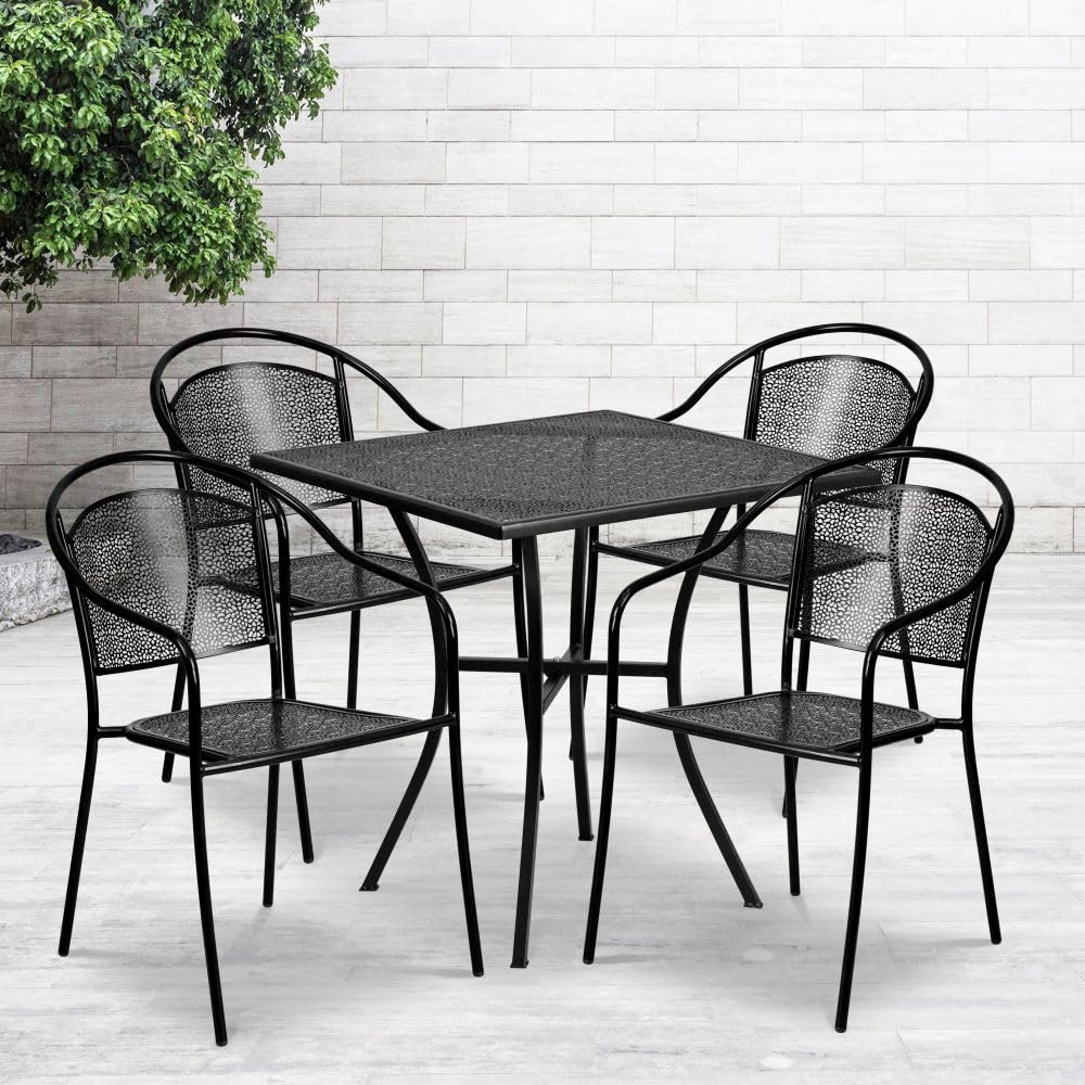 Flash Furniture Oia Commercial Grade 28" Square Black Indoor-Outdoor Steel Patio Table Set with 4 Round Back Chairs