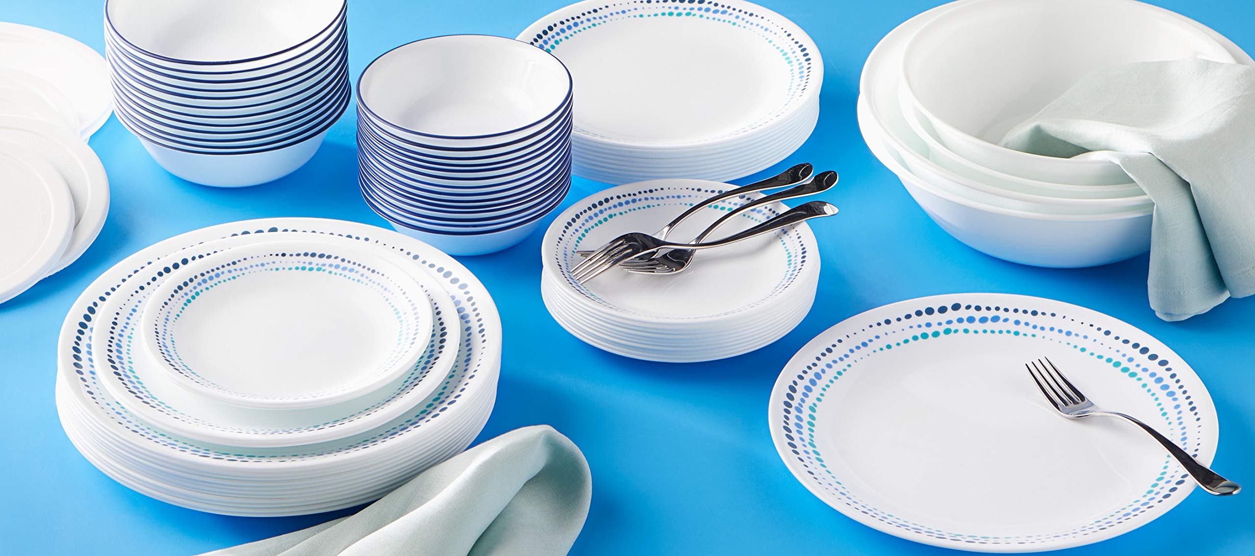 Corelle Vitrelle 78-Piece Service for 12 Dinnerware Set, Triple Layer Glass and Chip Resistant, Lightweight Round Plates and Bowls Set, Ocean Blues