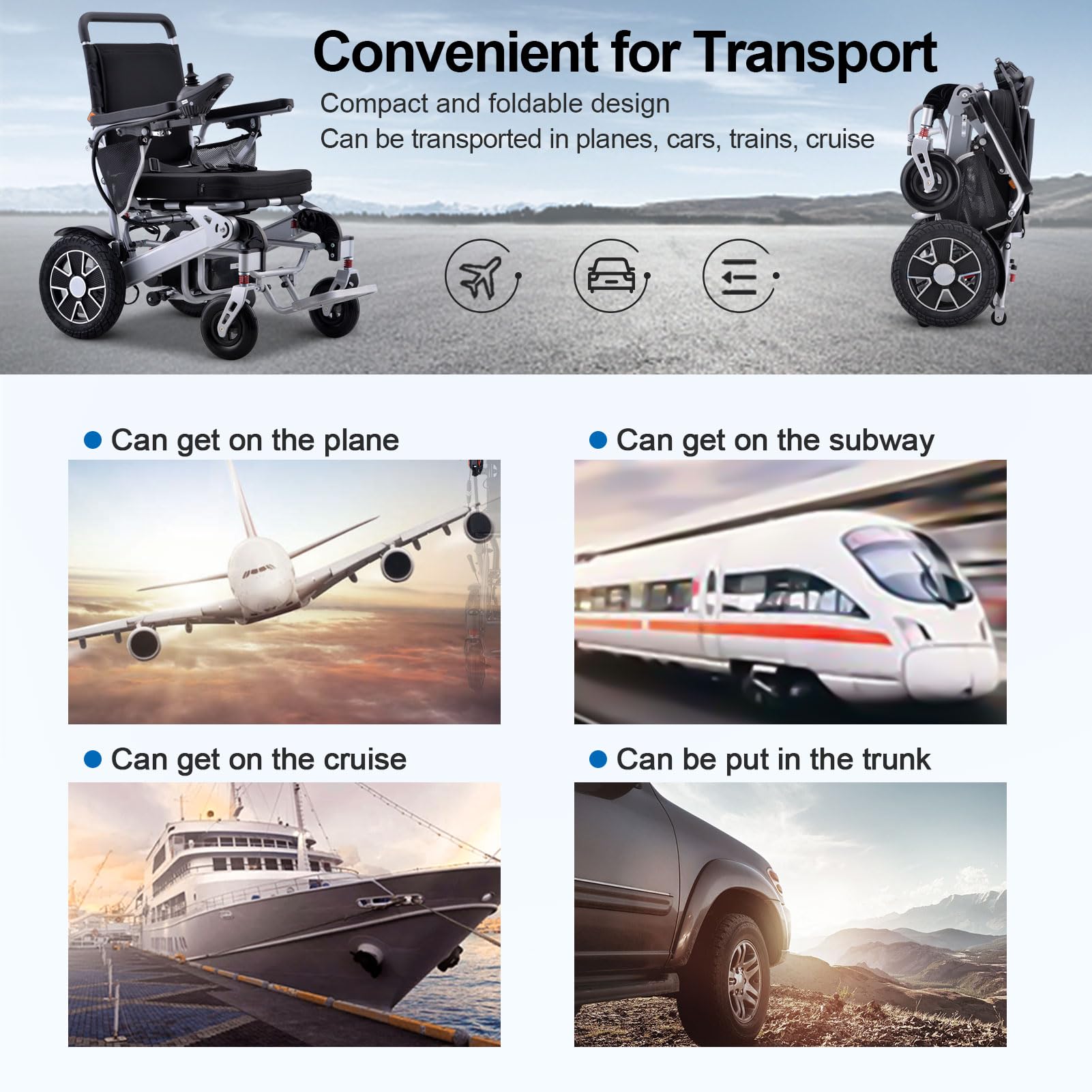 Electric Wheelchair 2024 New Update Folding Power Mobility Wheelchair Weight 64 lbs with 12" Solid Rear Tires More Stable