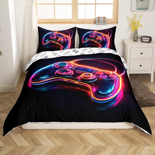 Feelyou Gamer Comforter Cover Set Game Controller Duvet Cover Set for Kids Boys Girls Colorful Neon Gamer Bedding Set Video Game Quilt Cover Bedroom Collection 2Pcs Twin Size,No Comforter