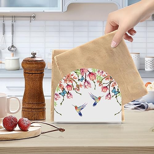 Napkin Holder, Clear Acrylic Paper Napkin Holders Tropical Flowers Butterfly Hummingbird Tissue Box Dispenser Stand Tabletop Space Saver Upright Napkin Towel Holders for Kitchen Restaurant Home Decor