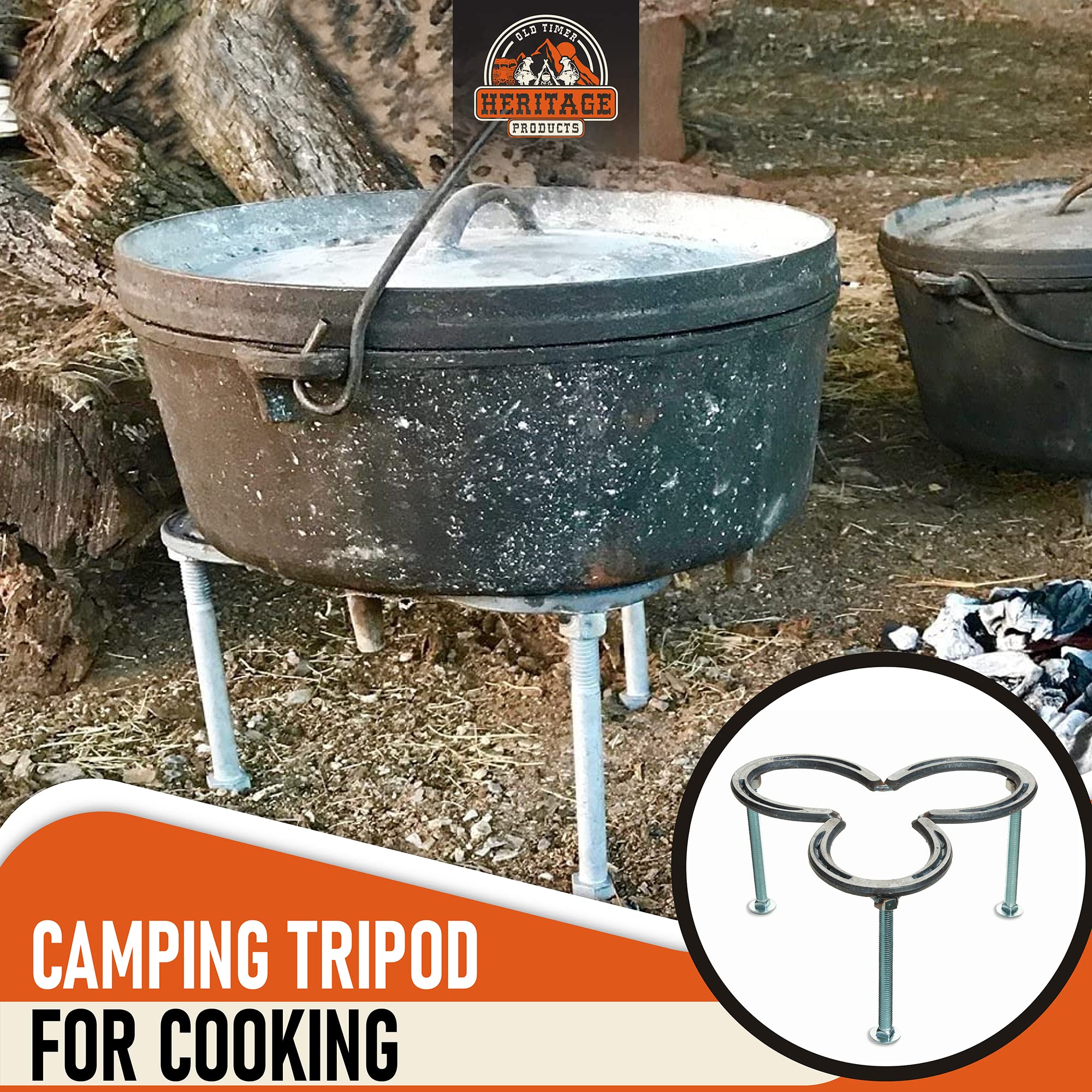 Dutch Oven Camping Tripod for Cooking – Dutch Oven Stand Made of Steel Horseshoes with Interchangeable Short and Long Legs – 10” x 10” Cowboy Camping Cooking Tripod Stand for Camp Coffee Pots