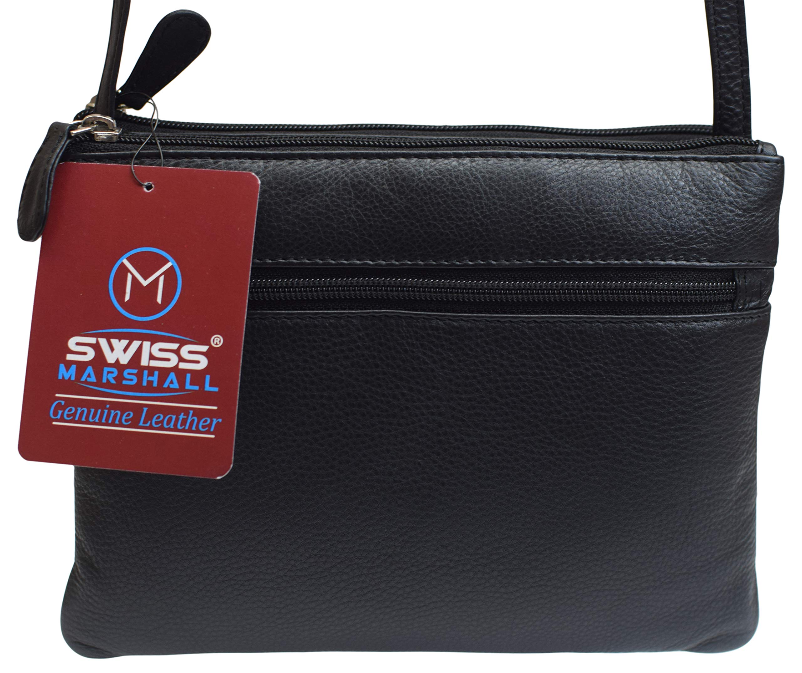Swiss Marshal Genuine Leather Womens Purse Double Zipper Top Pockets Crossbody Shoulder Bag for Ladies (Black)