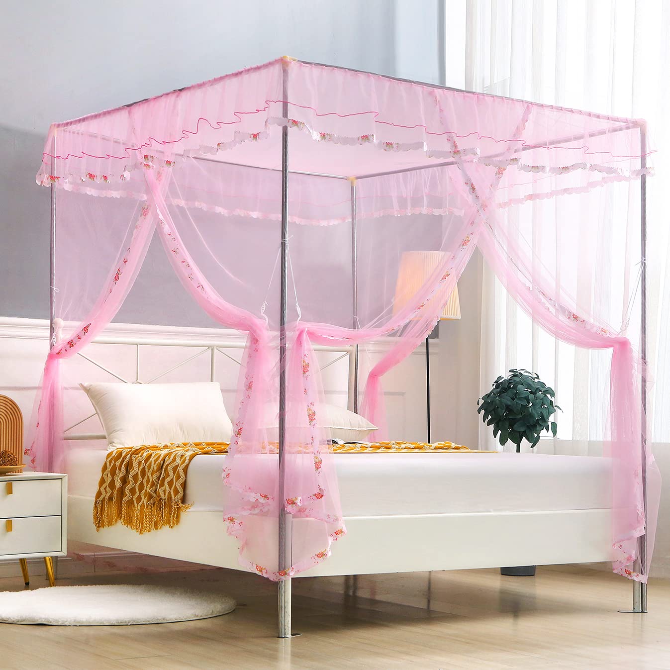JQWUPUP Twin Canopy Bed Curtains - 4 Corner Canopy for Beds, Bed Canopy for Girls Adults, Bedroom Decor (Twin Size, Pink)