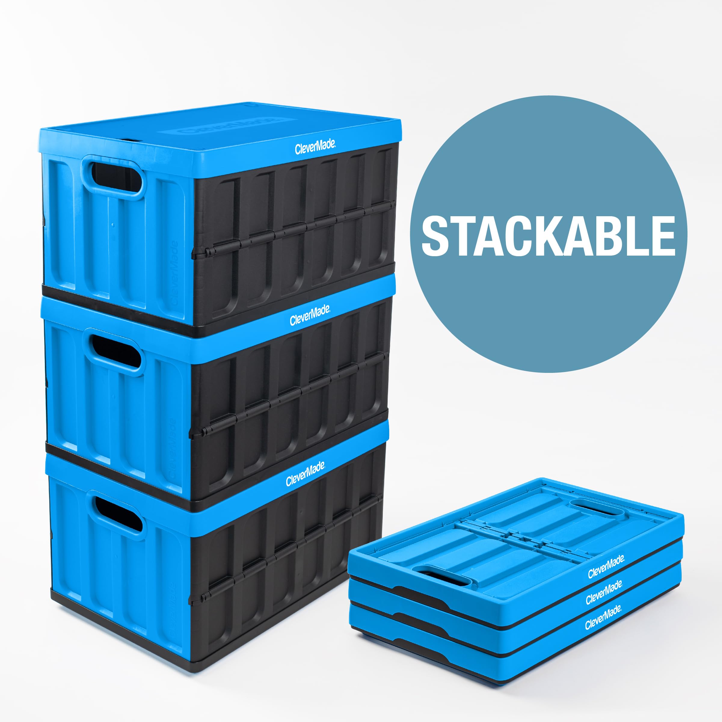 CleverMade Collapsible Storage Bin (With Lid), Tan, 3PK - 46L (12 Gal) Folding Plastic Stackable Utility Crates, Holds 75lbs Per Bin - Solid Wall CleverCrates for Organizing, Storage, Moving