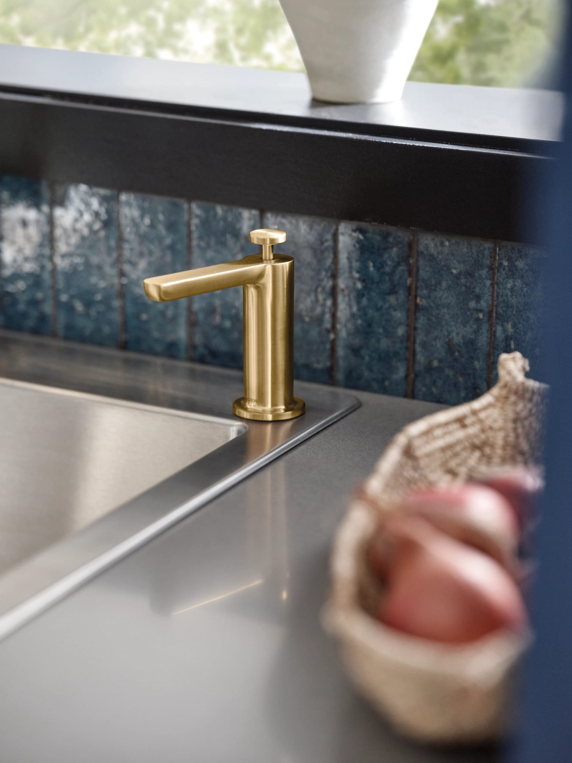 Moen Brushed Gold Modern Deck Mounted Kitchen Soap Dispenser with Above-the-Sink Refillable Bottle, S3947BG