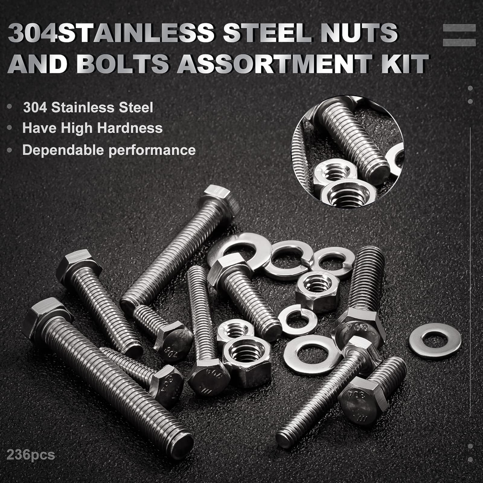CO-RODE 236PCS 1/4-20, 5/16-18, 3/8-16 Heavy Duty Bolts and Nuts Assortment Kit,SAE Flat Washers, Lock Washers,304 Stainless Steel,10 Most Common Sizes